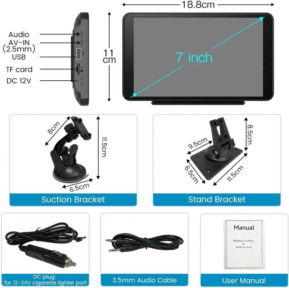AWESAFE Wireless Carplay Android Auto 7 Inch Full HD Touch Screen Car ...